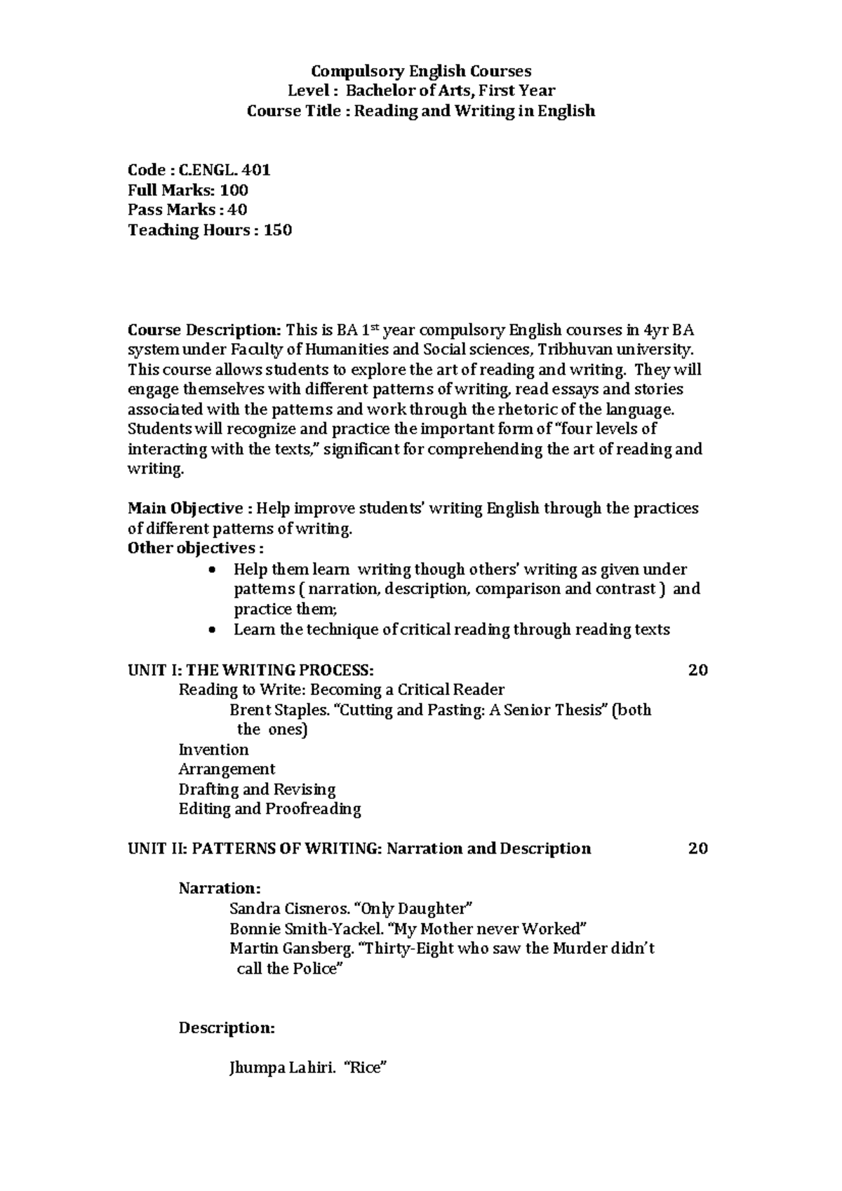 BA 1st Year Compulsory English I Syllabus - C.ENGL. 401 Overview - Studocu