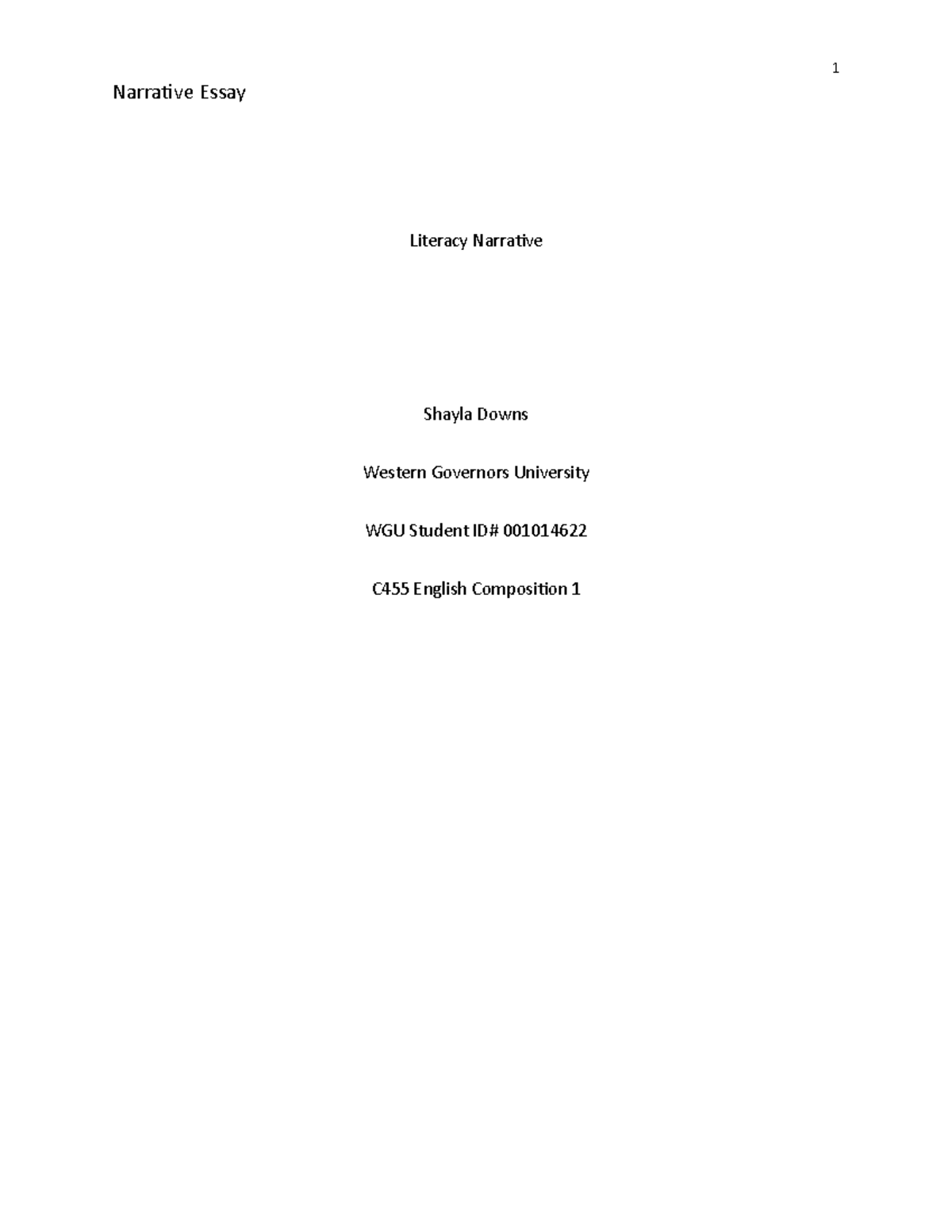 Literacy Narrative - Narrative Essay Literacy Narrative Shayla Downs ...
