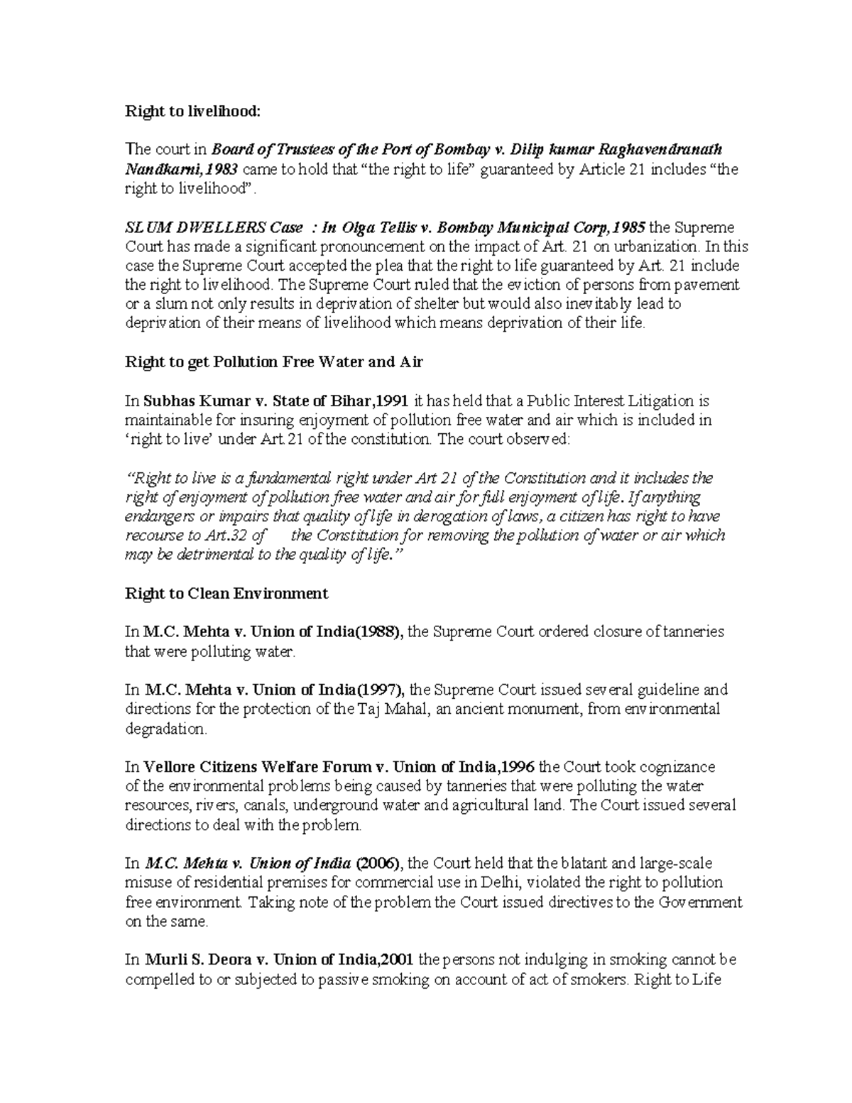 Article 21: Right to Life and Livelihood - Key Case Summaries - Studocu