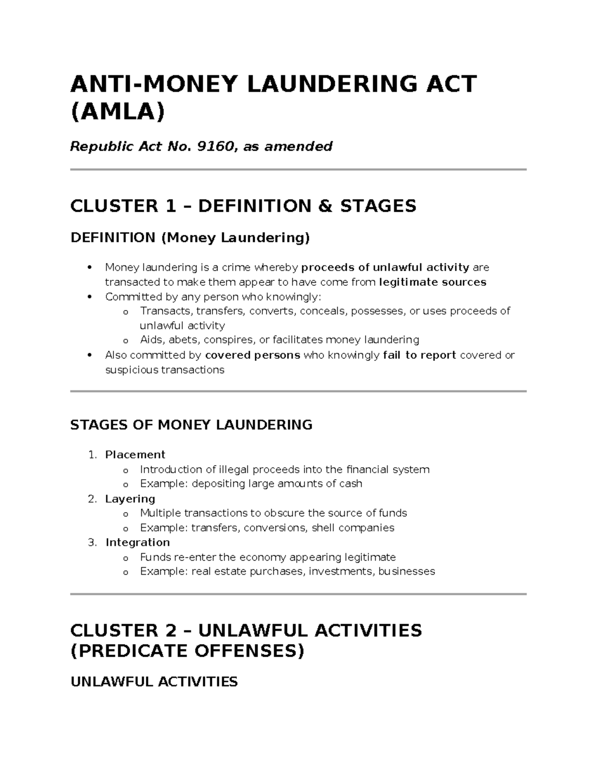 AMLA Overview: Key Definitions & Stages of Money Laundering - Studocu