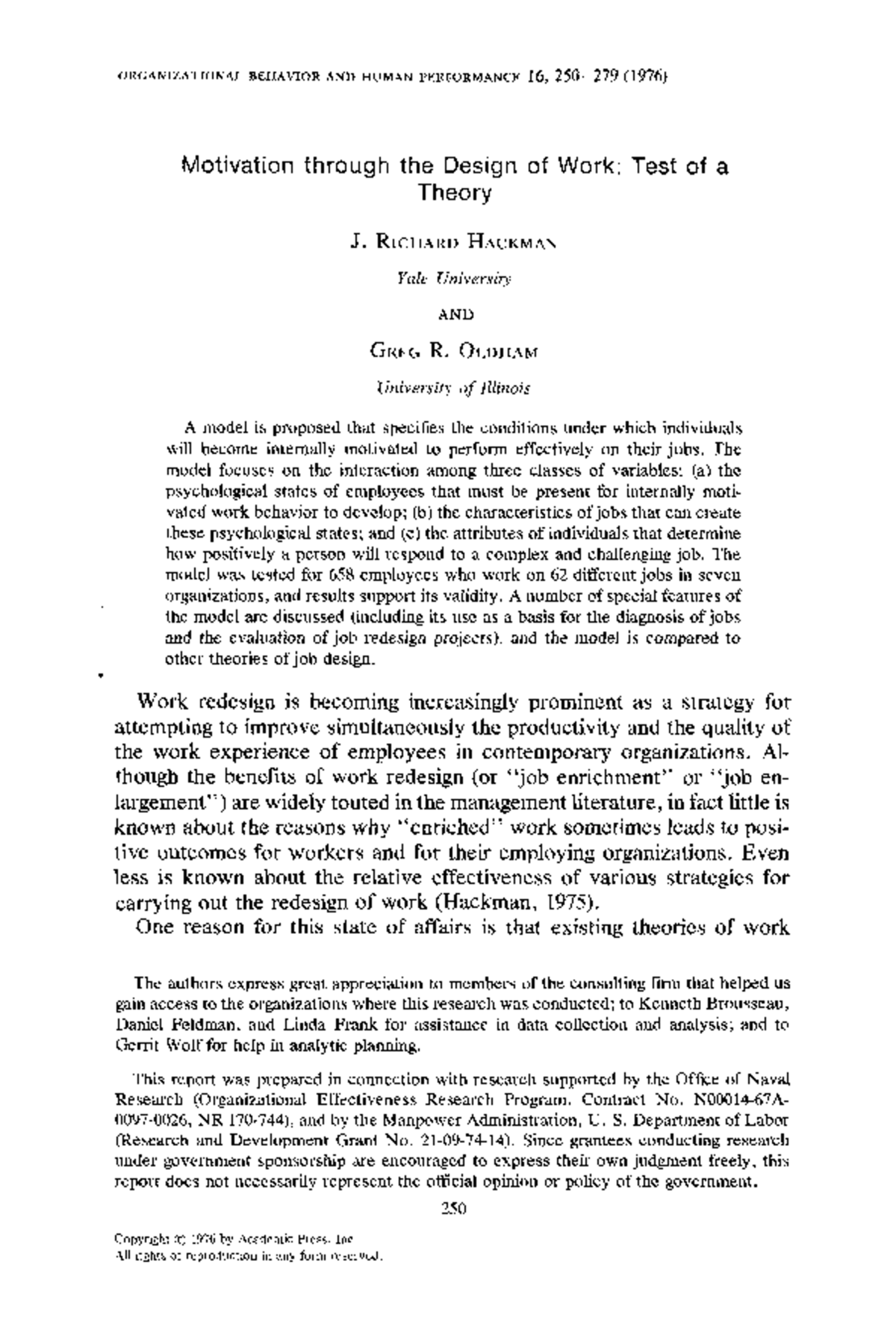 Hackman, J. R., & Oldham Motivation through the Design of Work Test of ...