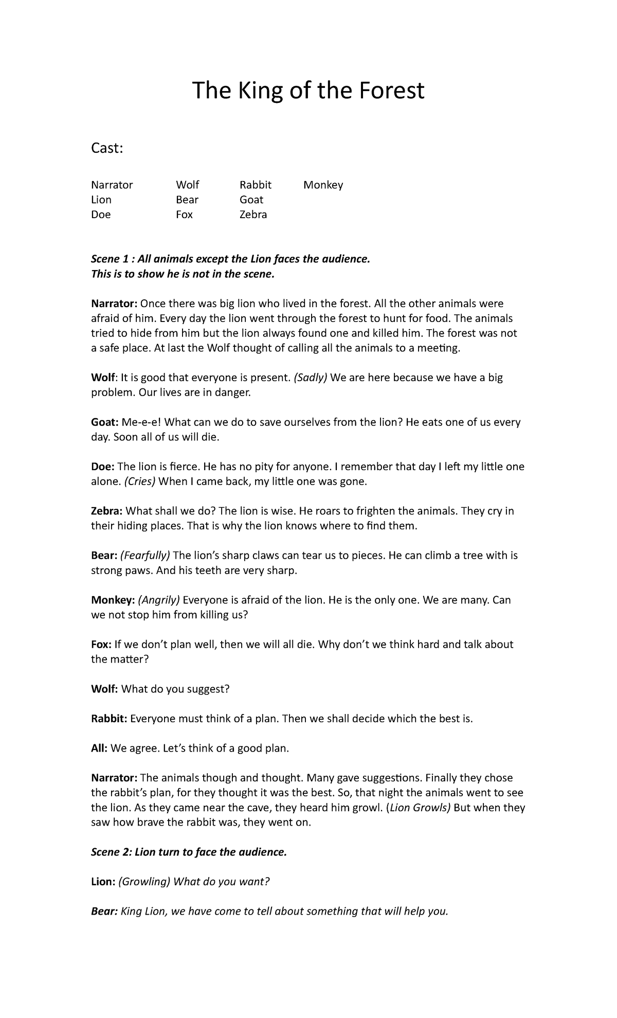The King of the Forest: English Project Play Script - Studocu