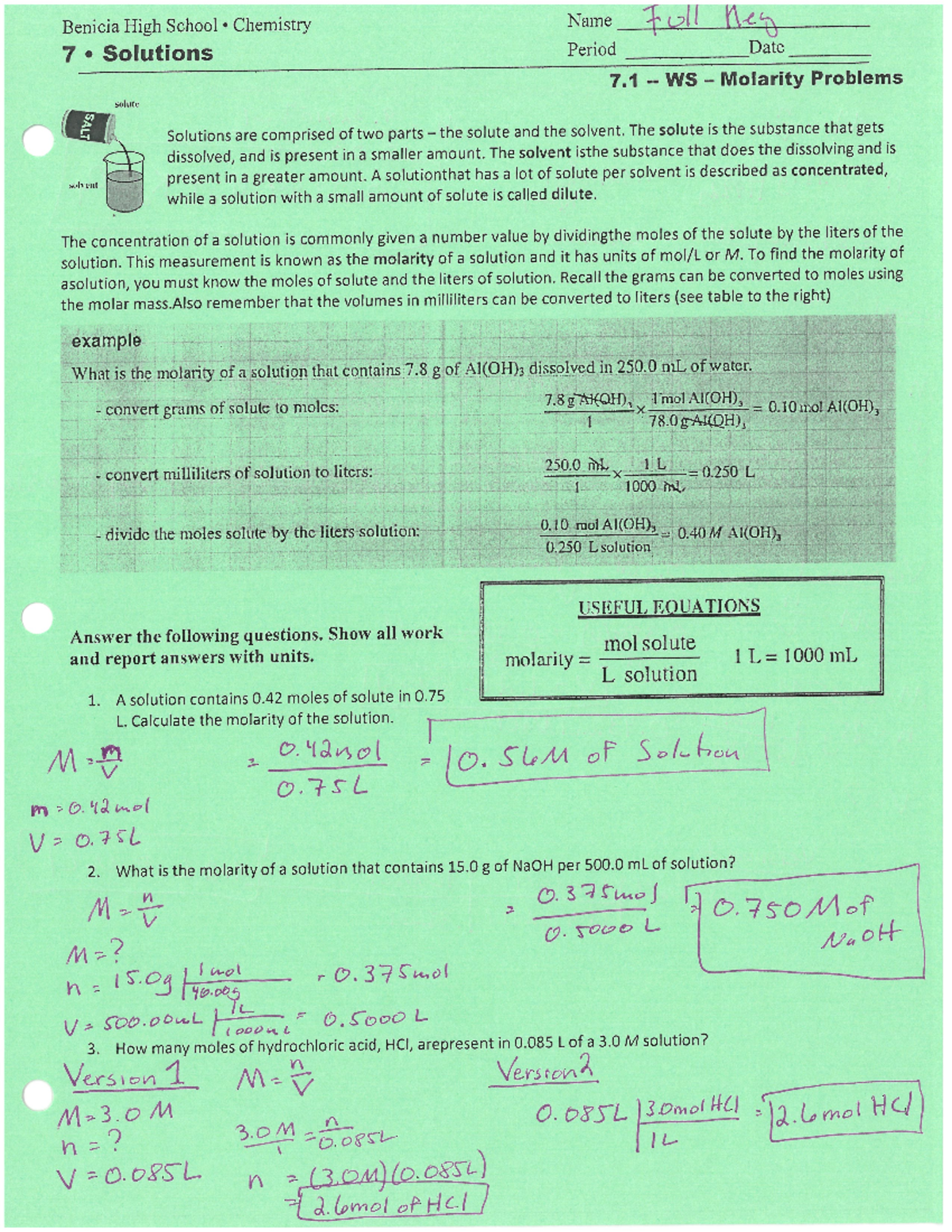 FULL 7.1 WS Molarity Problems - Benicia High School Chemistry Name Full ...