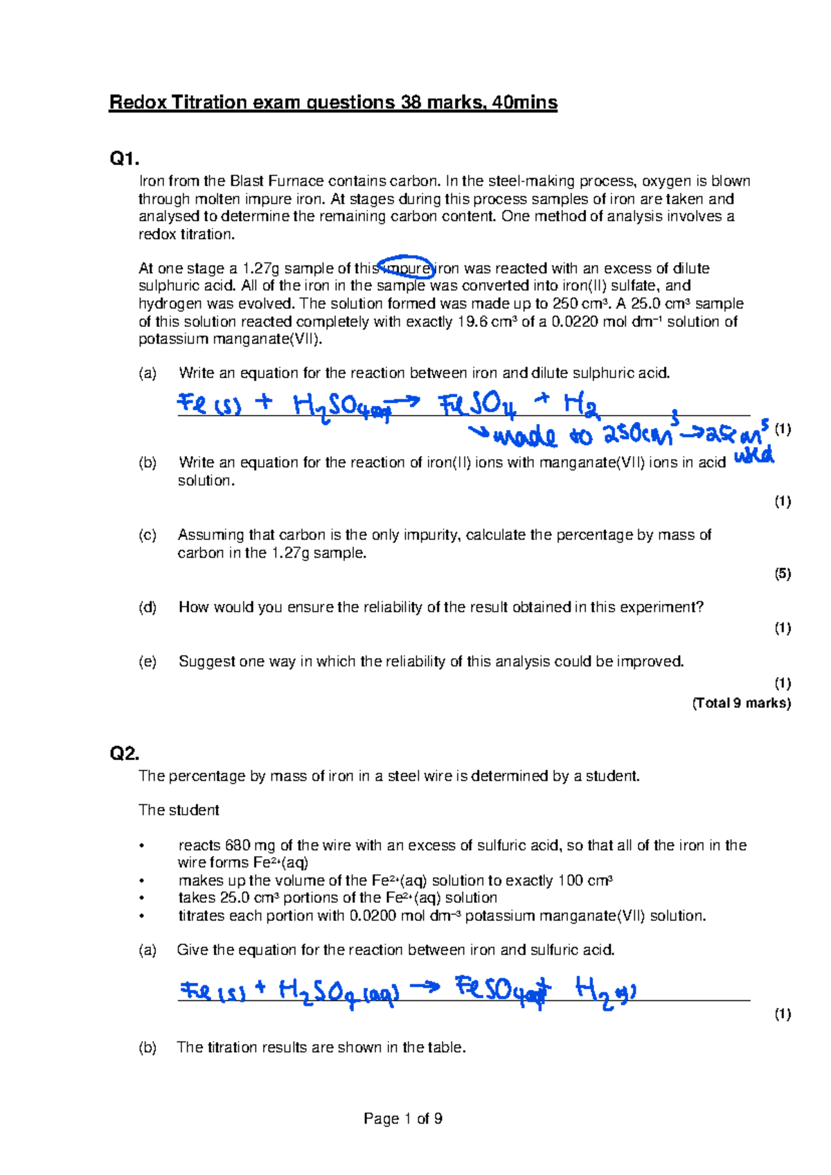 06 Redox Titration Exam Questions and Detailed Solutions - Studocu