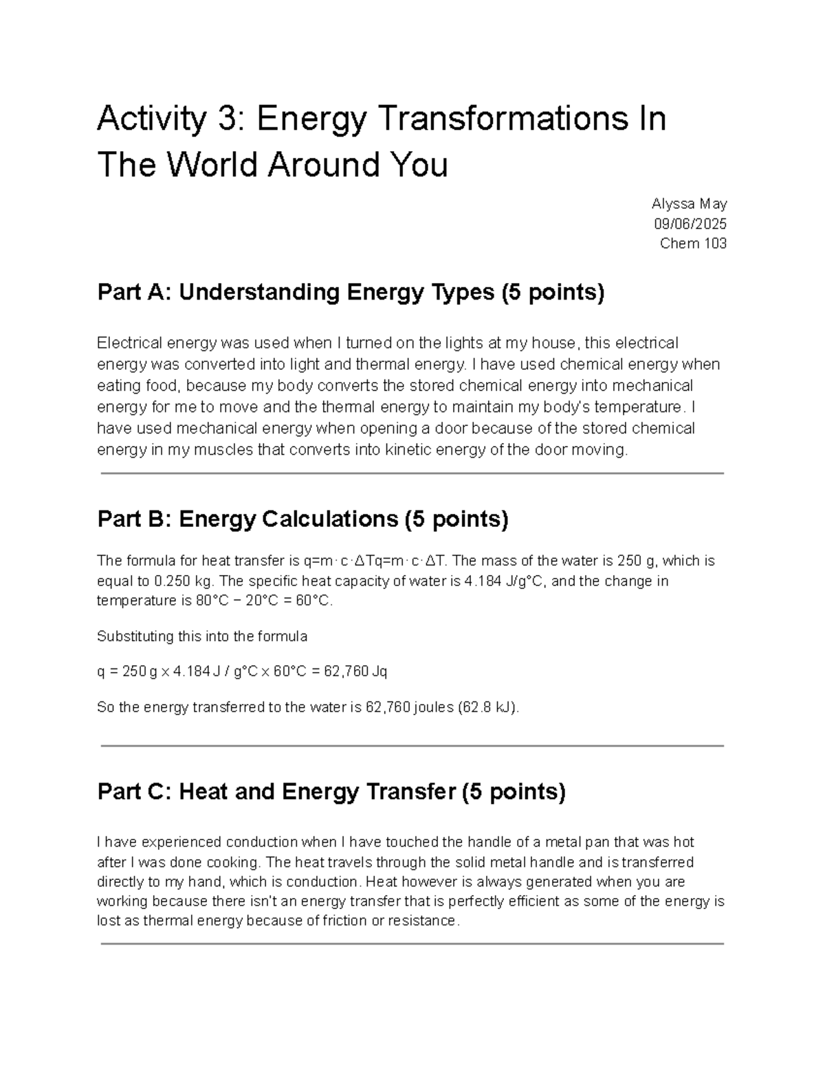 Chem 103 Activity 3: Energy Transformations and Calculations - Studocu