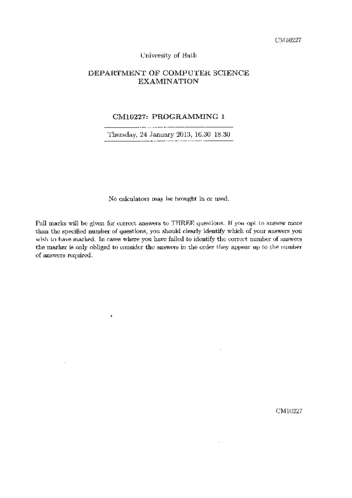 CM10227 Programming 1 Past Exam Paper 2012-13 - Studocu