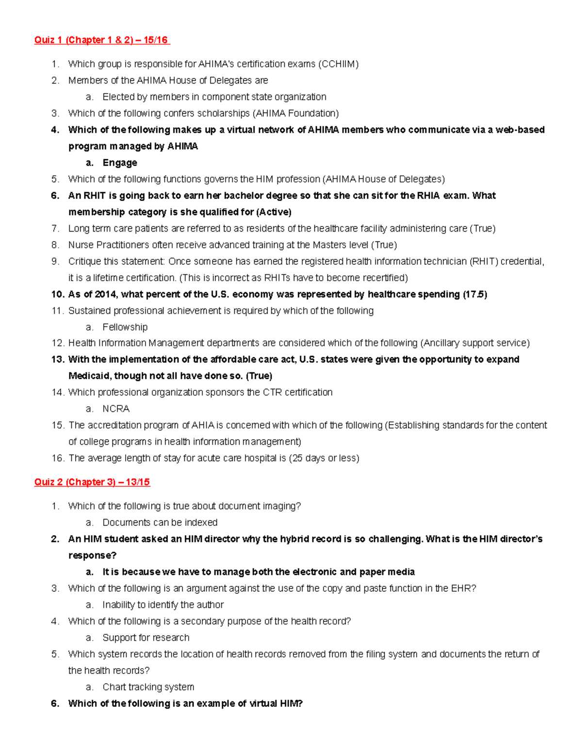 Quizzes - AHIMA Certification and Health Information Management - Studocu