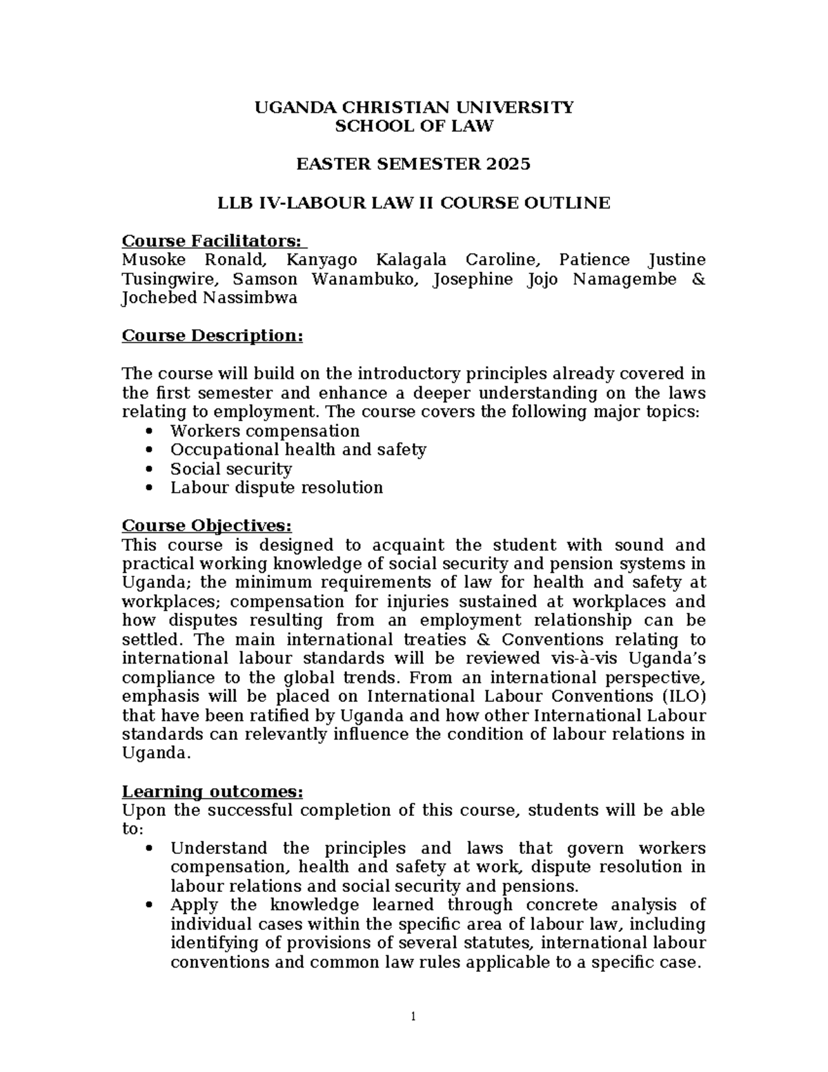 Labour Law II Course Outline (LLB) - Uganda Christian University 2025 ...