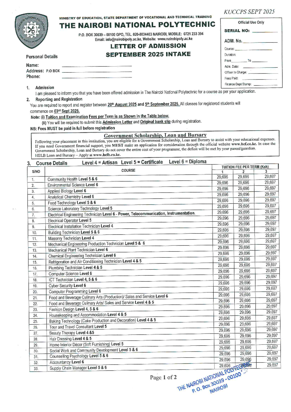 Nairobi Polytechnic Admission Letter - September 2025 Intake - Studocu