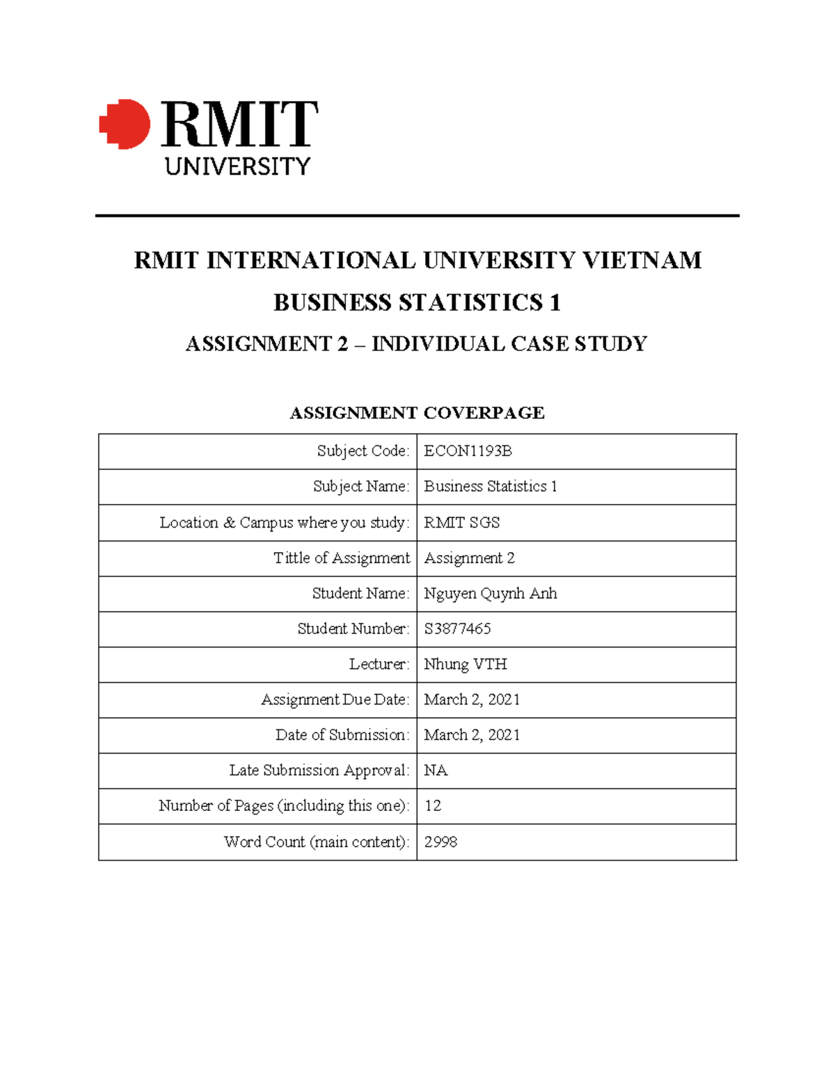 Bustat Asm2 3 9 - asg 1 - RMIT INTERNATIONAL UNIVERSITY VIETNAM ...