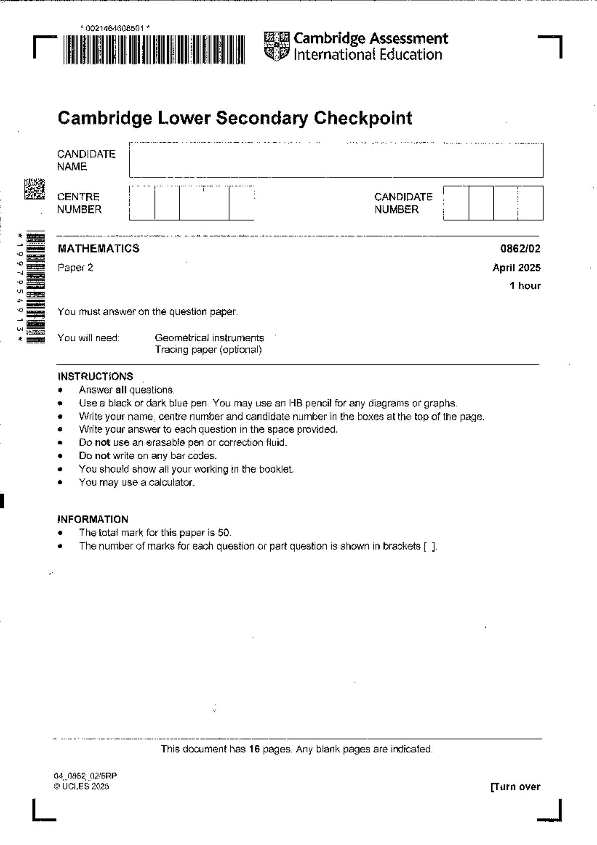 Mathematics Paper 2 Exam - Cambridge Lower Secondary Checkpoint ...