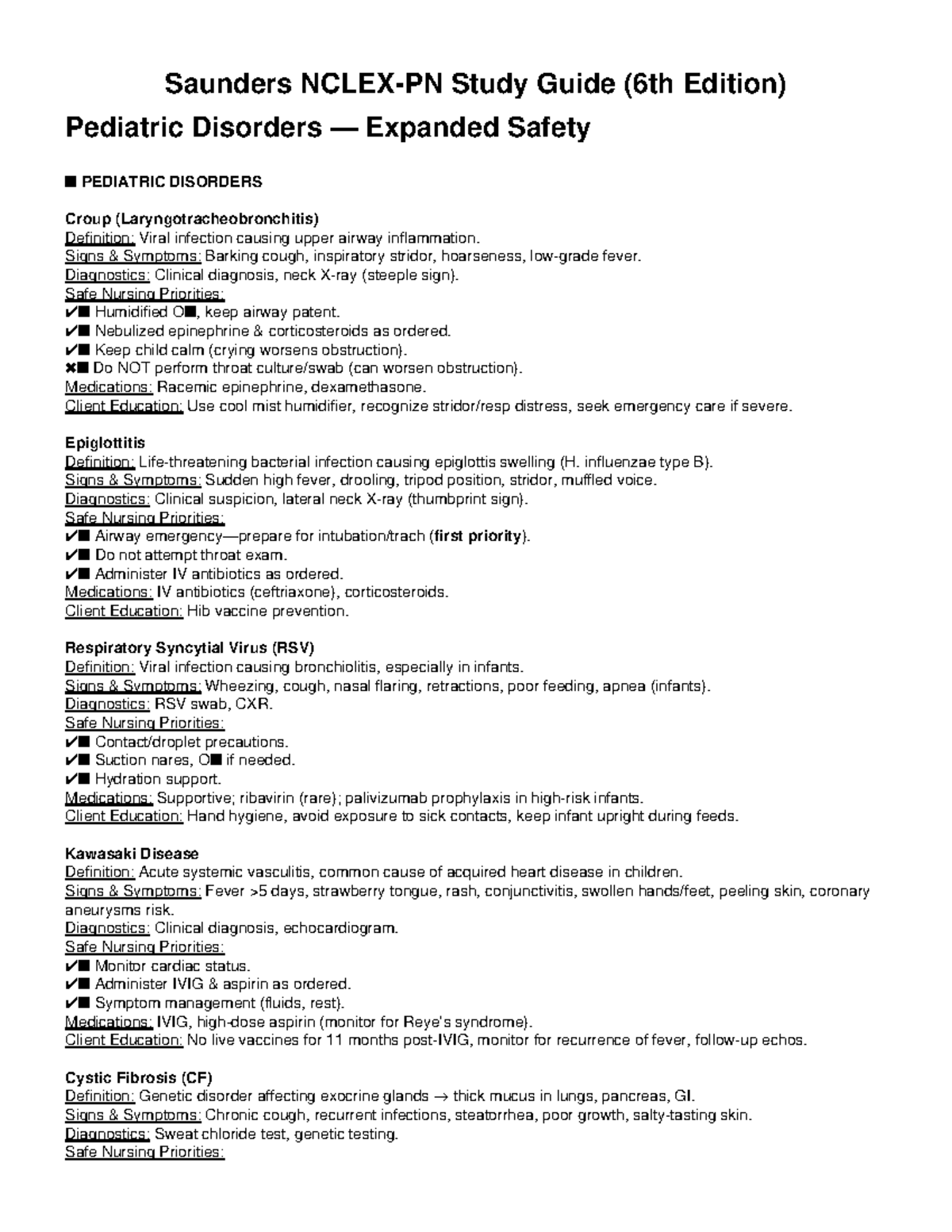 Saunders NCLEX-PN Pediatric Disorders Study Guide (6th Ed.) - Studocu
