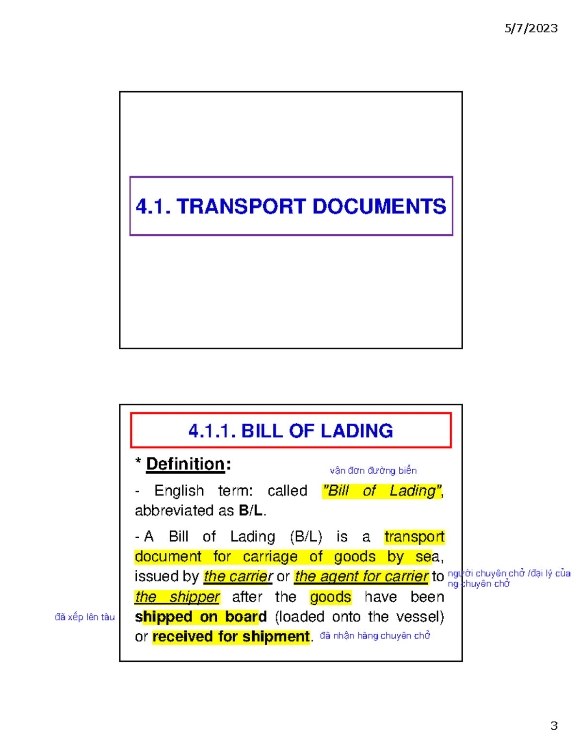 Chapter 4: Transport Documents - Bill of Lading Overview - Studocu