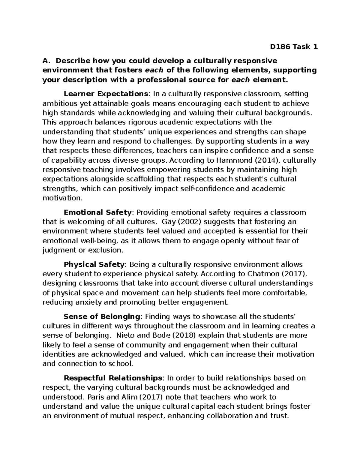 D186 Task 1 - Developing a Culturally Responsive Teaching Environment - Studocu