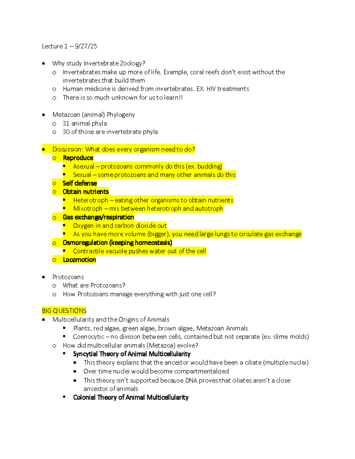 Lecture 1: Introduction to Invertebrate Zoology and Metazoan Evolution ...