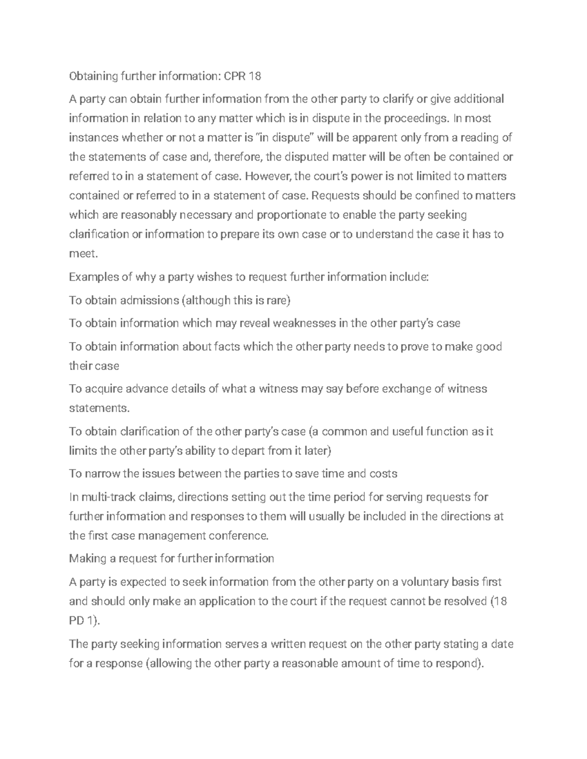 Further Information Requests Under CPR 18: Guidelines and Procedures ...