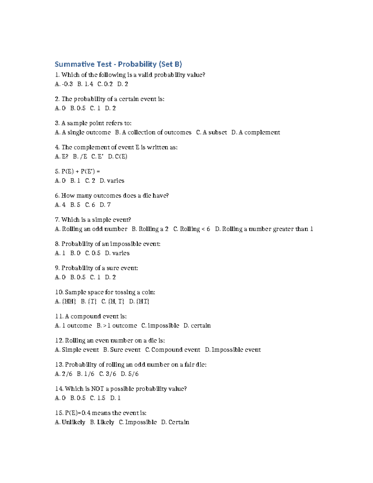 Summative Test on Probability Concepts (Set B) - Studocu