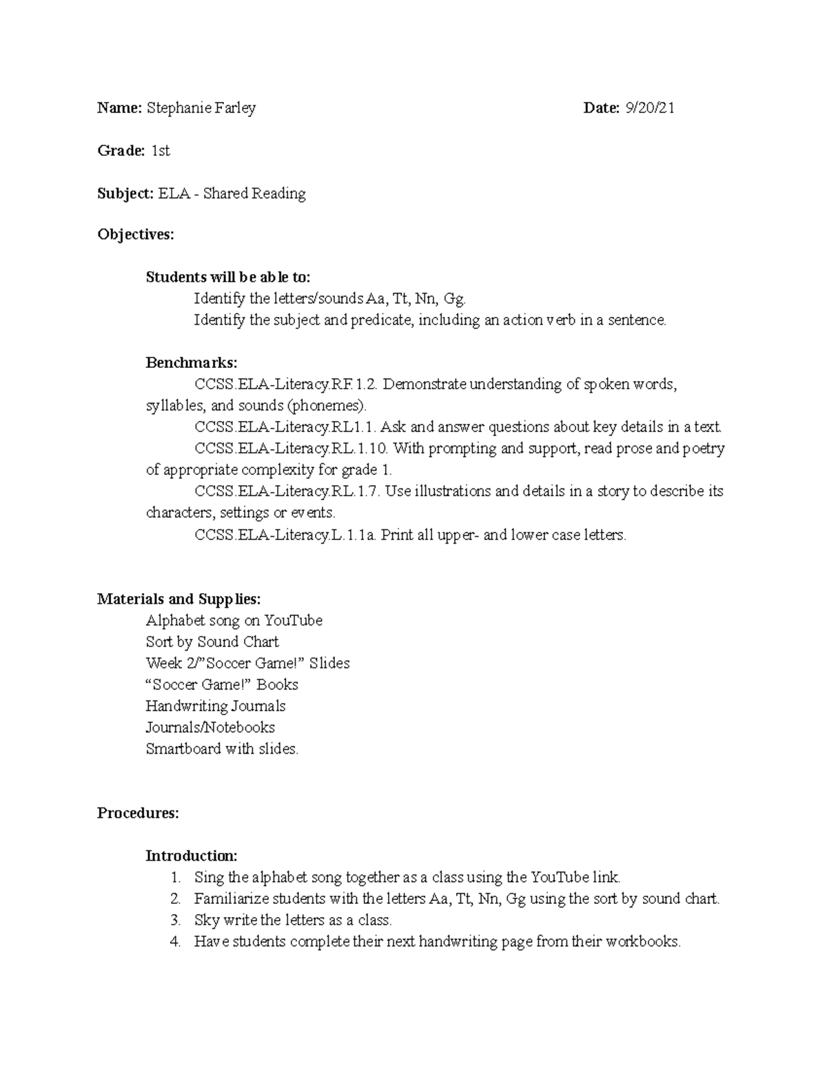 ELA Shared Reading Lesson Plan - Grade 1 (Bookworms) - Studocu