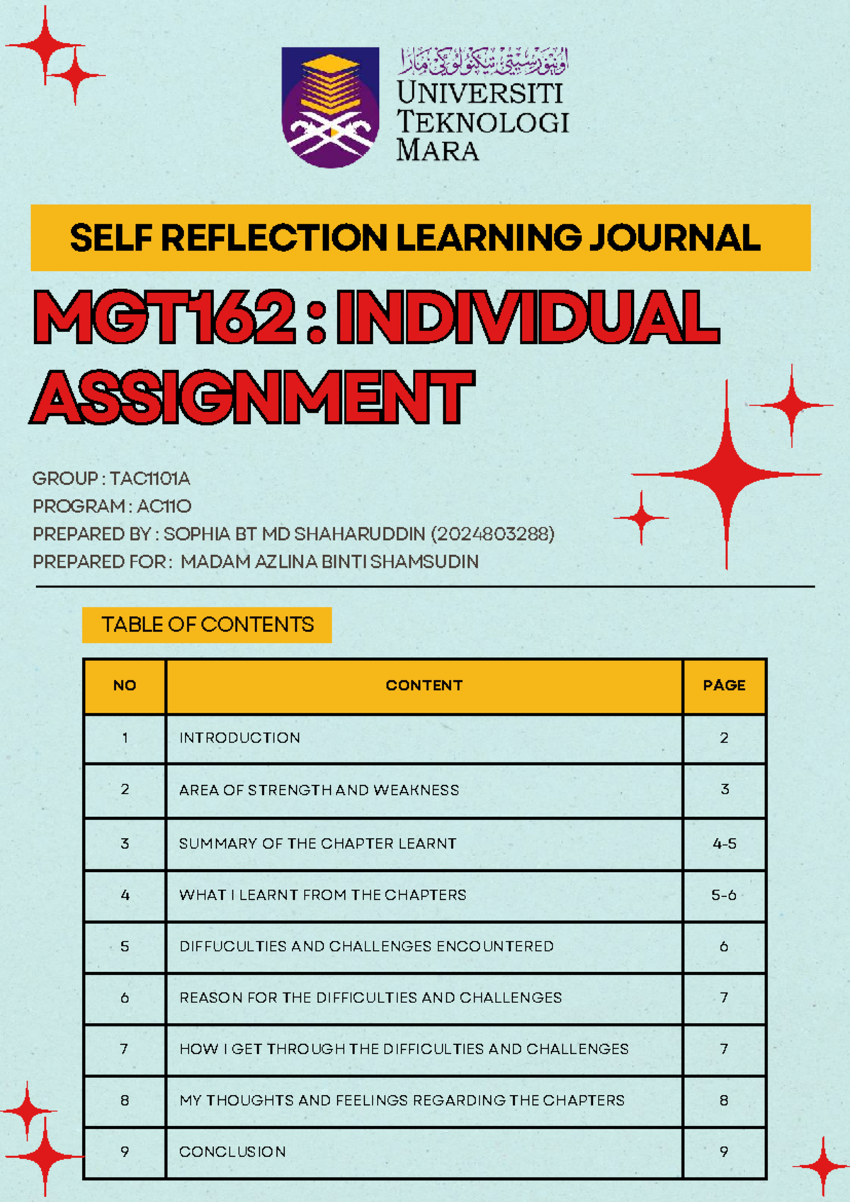 Self-reflection learning journal for MGT162 individual assignment - Studocu