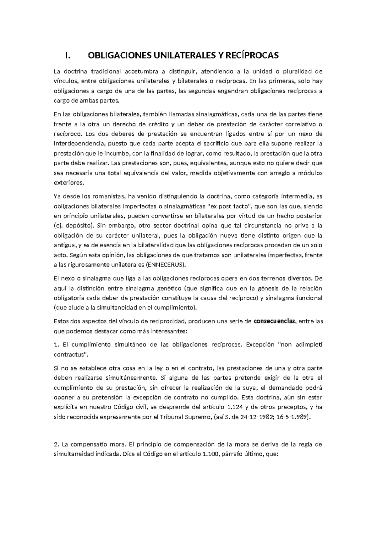 TEMA 53: OBLIGACIONES UNILATERALES Y RECÍPROCAS EN DERECHO CIVIL - Studocu