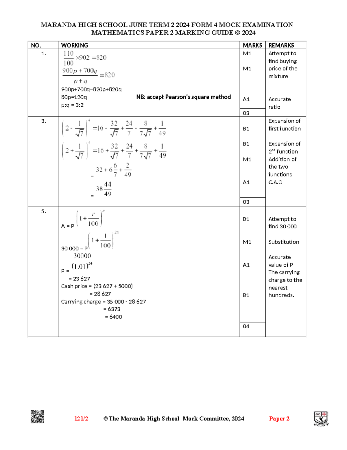 Maranda High School Form 4 June 2024 Mock Exam Maths Paper 2 Marking Guide - Studocu