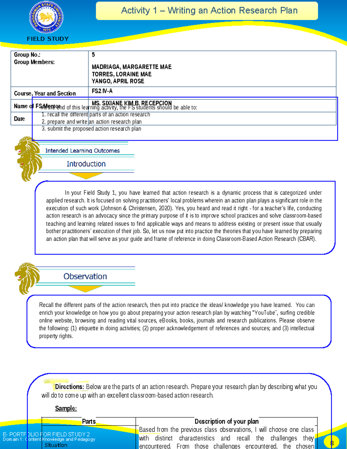 FS 2 Activity 1 - Creating a Classroom-Based Action Research Plan - Studocu