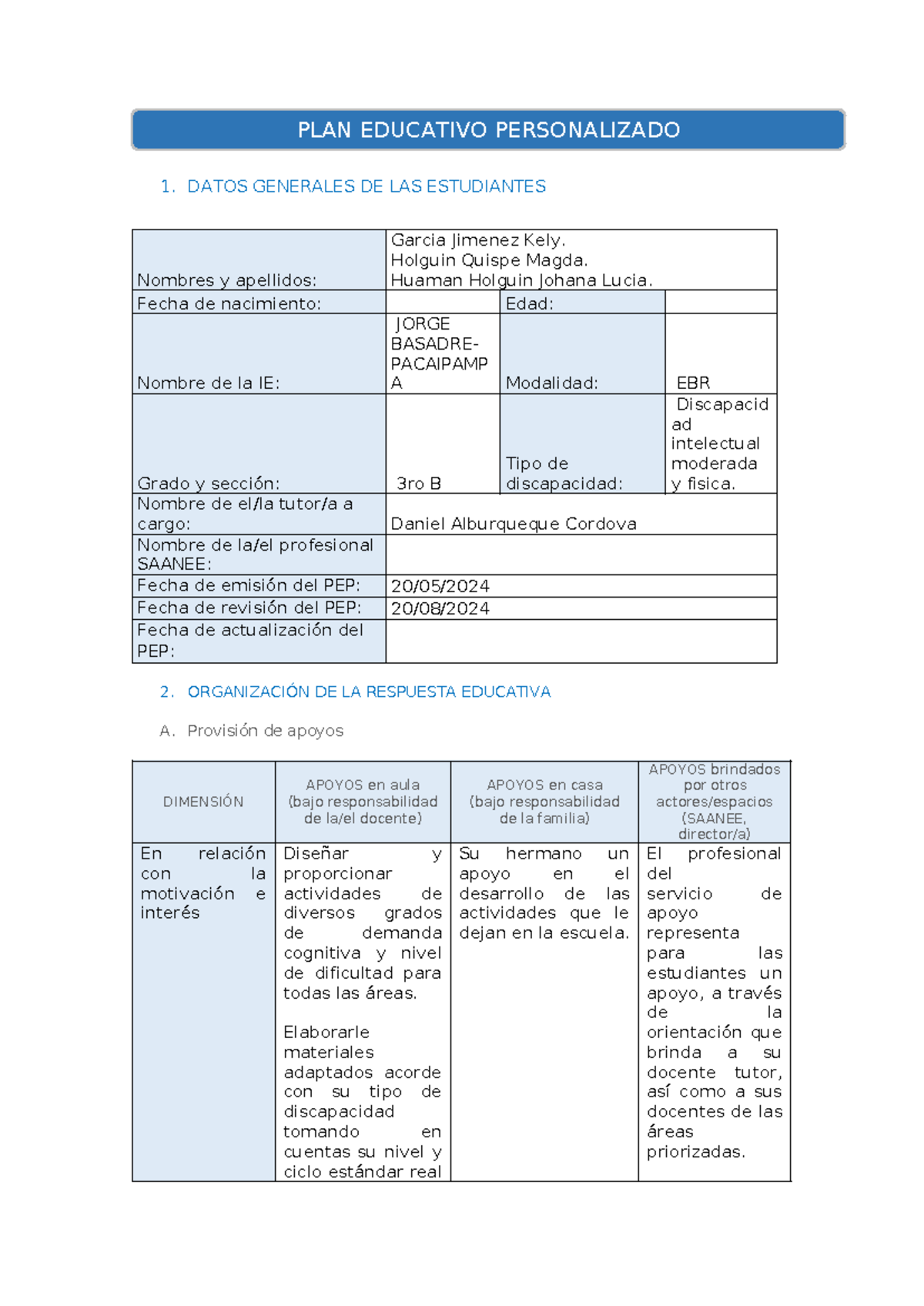 Plan Educativo Personalizado para Estudiantes de 3B - Inclusión y ...