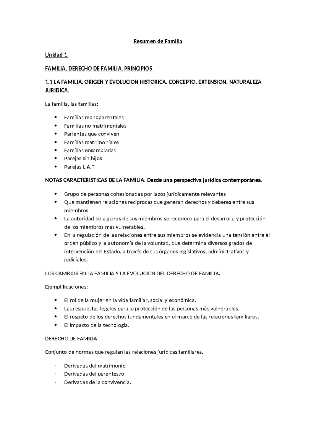 Resumen de Familia - Unidad 1: Derecho de Familia y Evolución Histórica ...