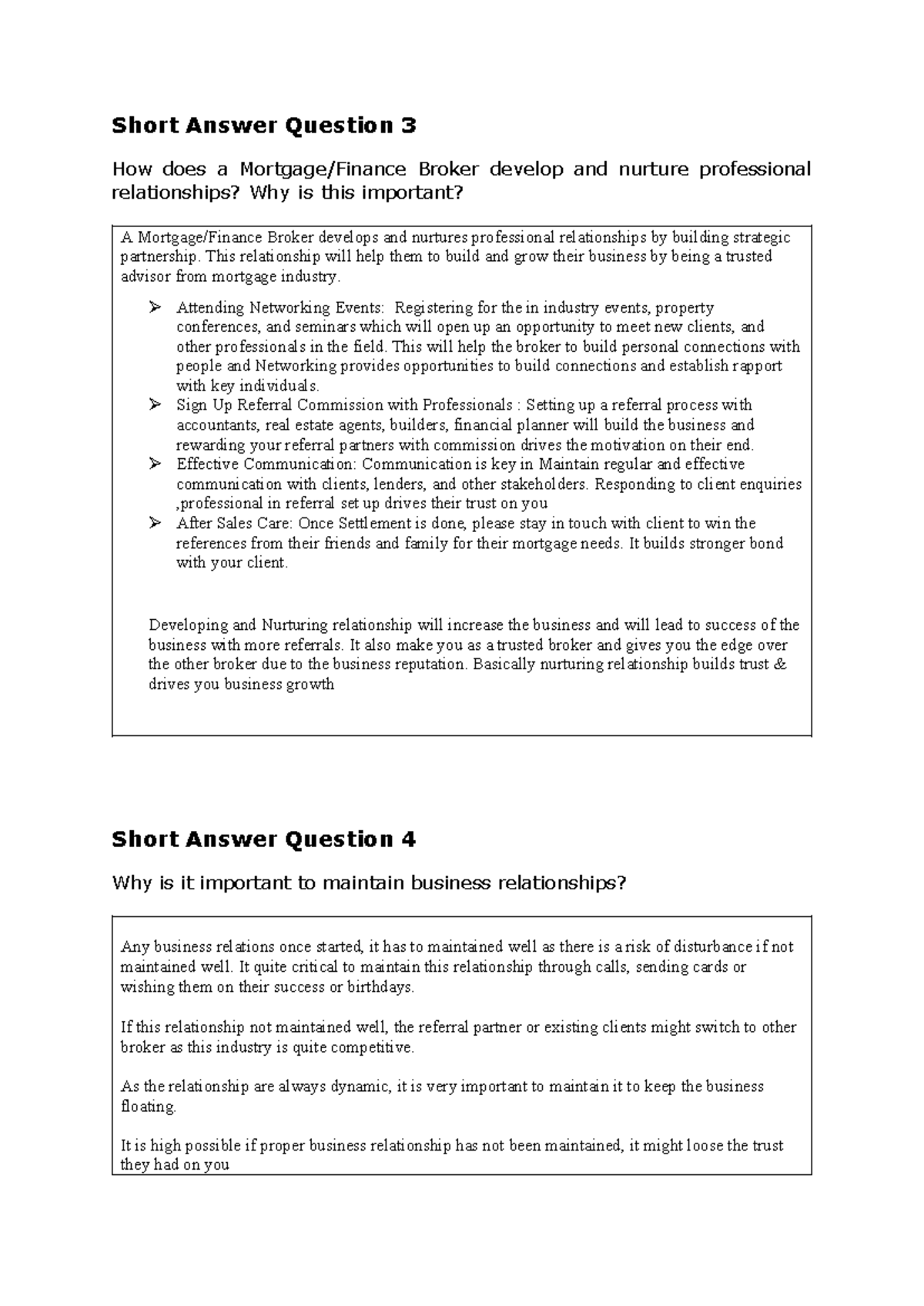 Short Answer Questions 3 & 4: Broker Relationship Building Strategies ...