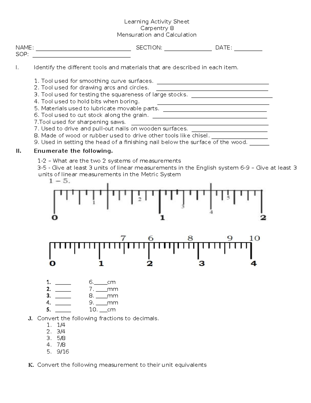 Carpentry 8 Learning Activity Sheet: Tools & Measurements Overview ...