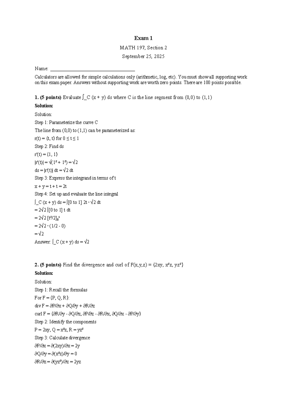 MATH 372P Calculus Exam 1 Solutions - September 25, 2025 - Studocu