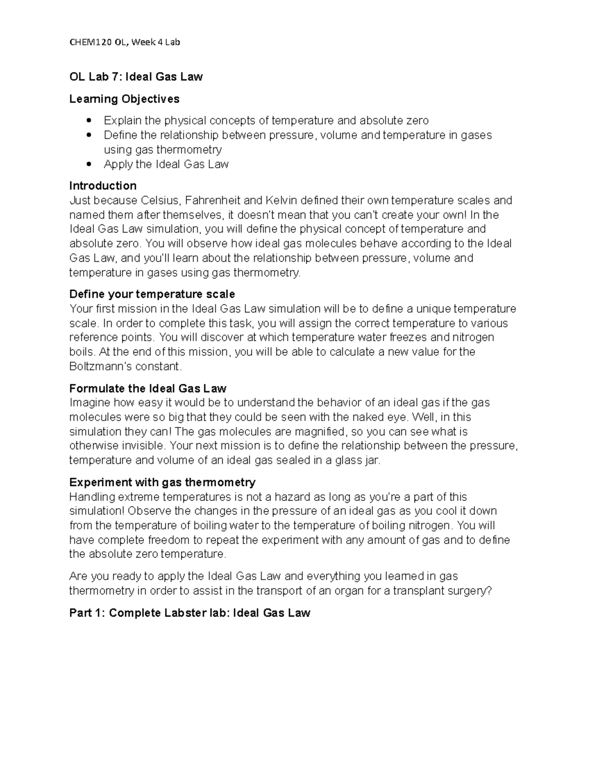 Ideal Gas Law - Labster Lab - OL Lab 7: Ideal Gas Law Learning ...