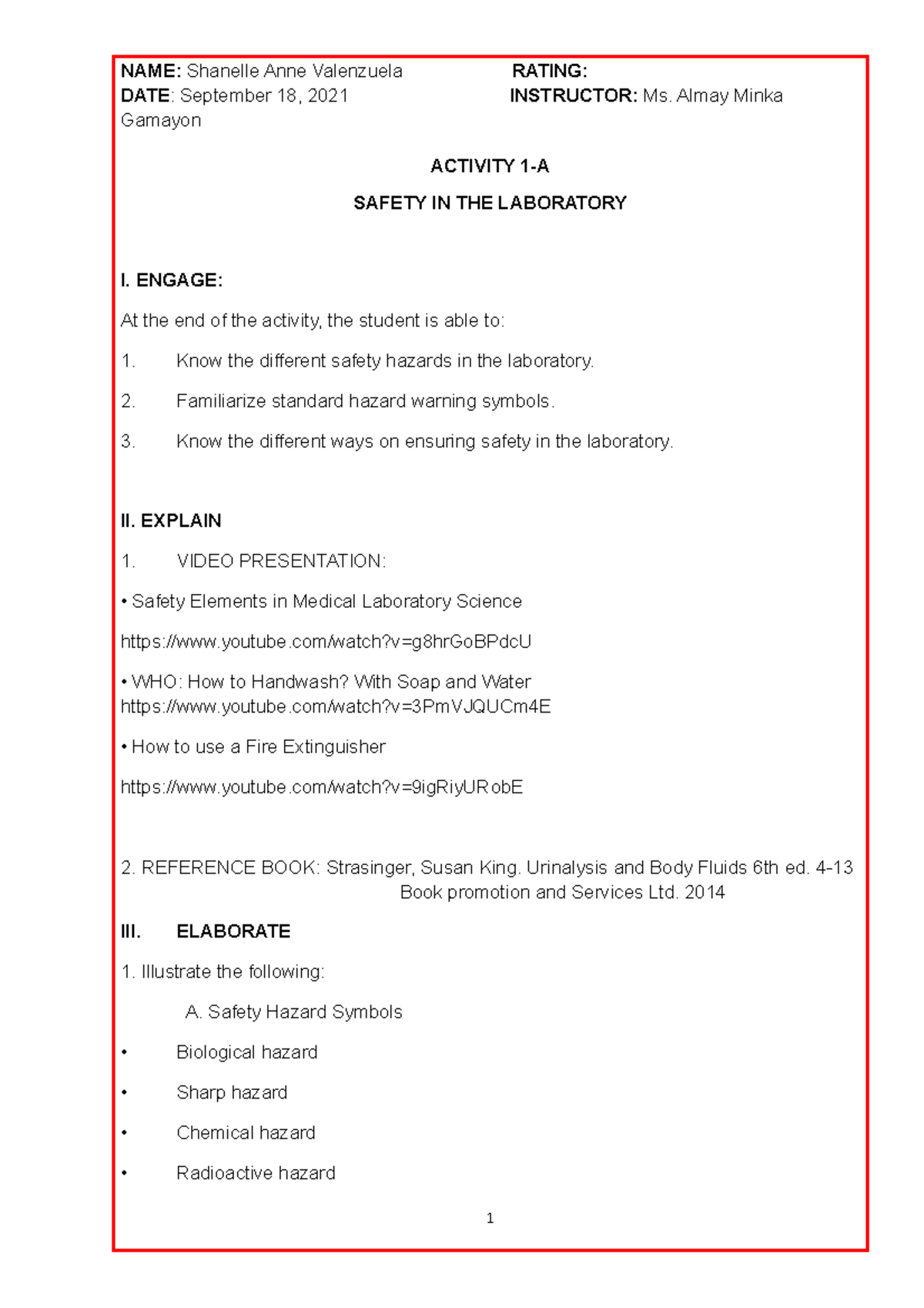 MT113BL Activity 1: Laboratory Safety & Glassware Identification - Studocu