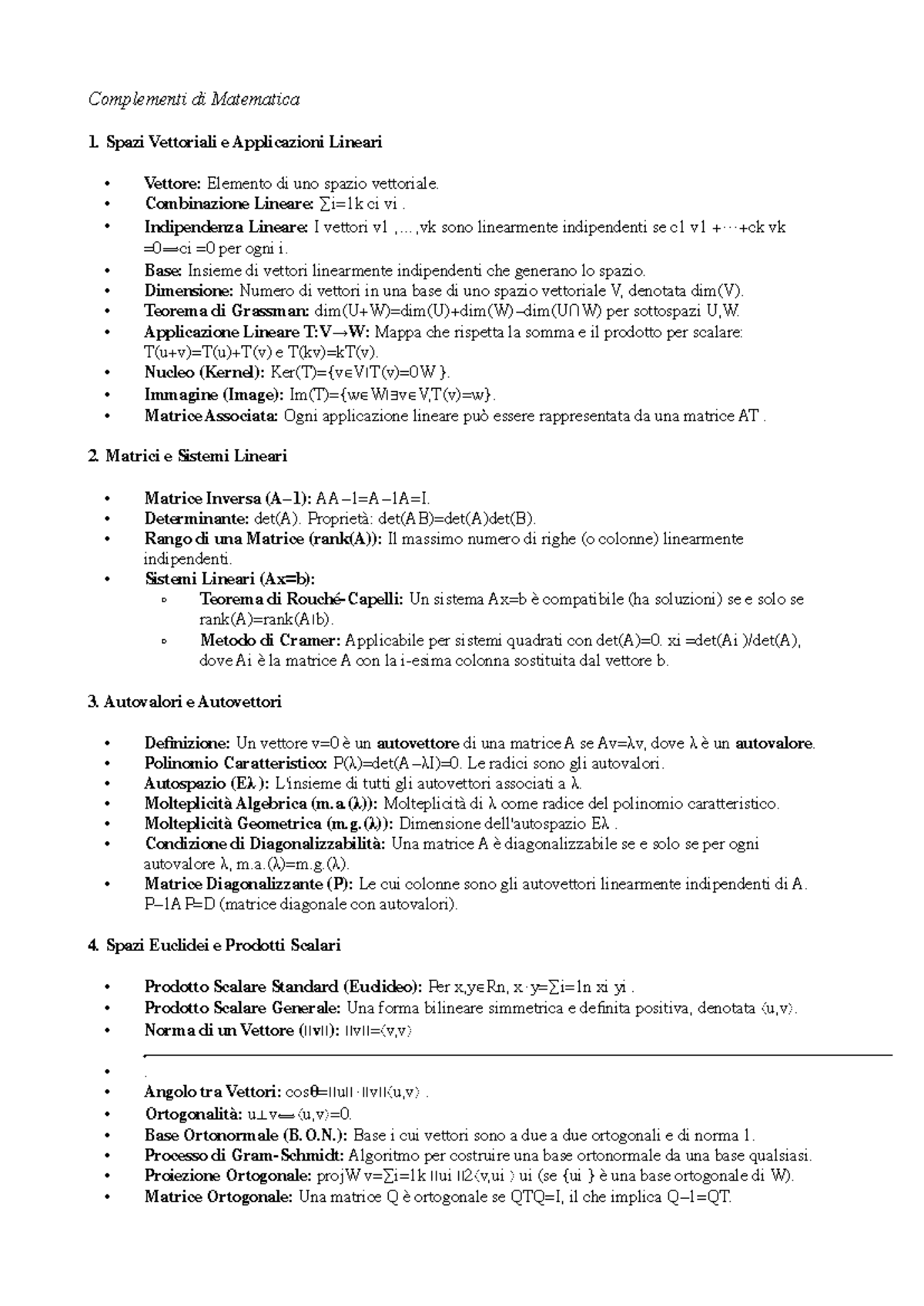 Formulario di Complementi di Matematica 1: Spazi Vettoriali e ...
