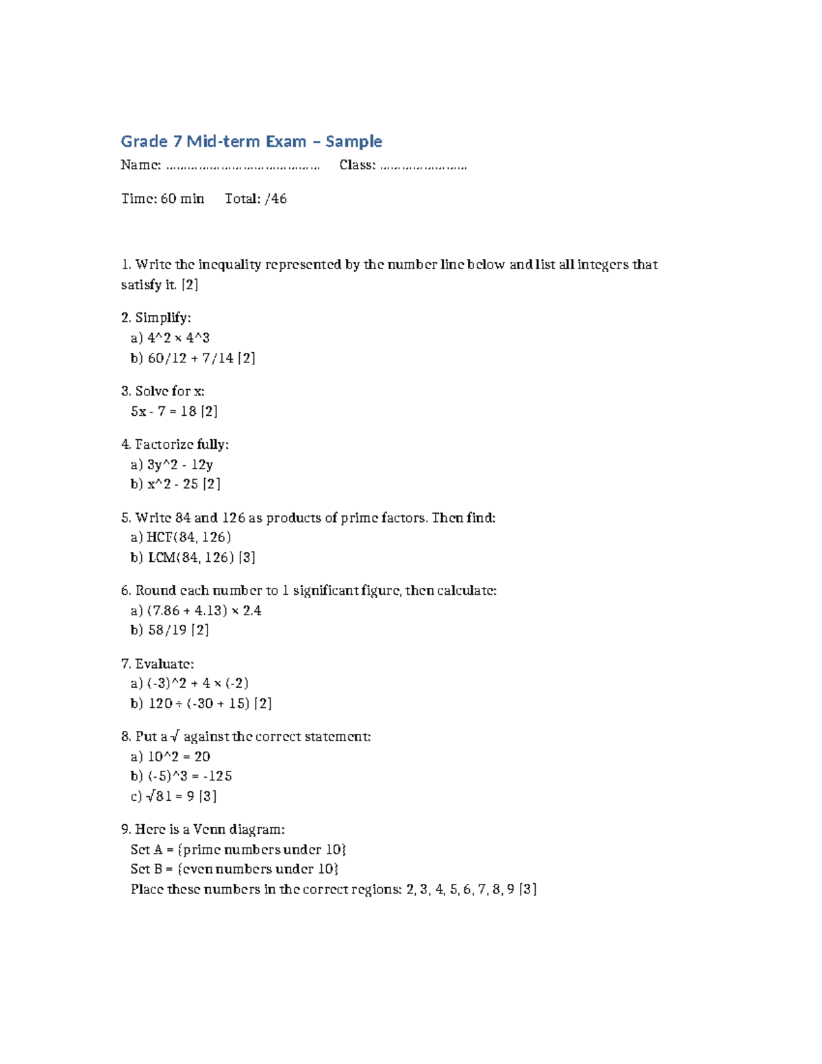 Grade 7 Math Midterm Exam Sample Questions and Solutions - Studocu