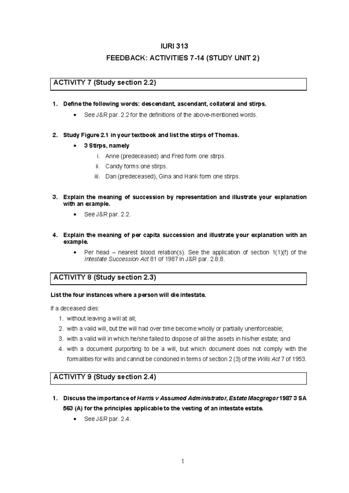 IURI 313 Feedback and Model Answers for Activities 7-14 - Studocu