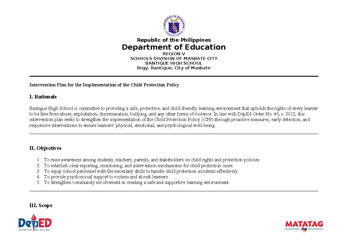 Intervention Plan for Child Protection Policy Implementation (DepEd ...