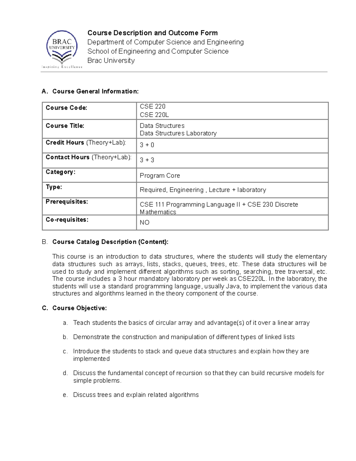 CSE 220 Data Structures: Course Description & Outcomes Overview - Studocu