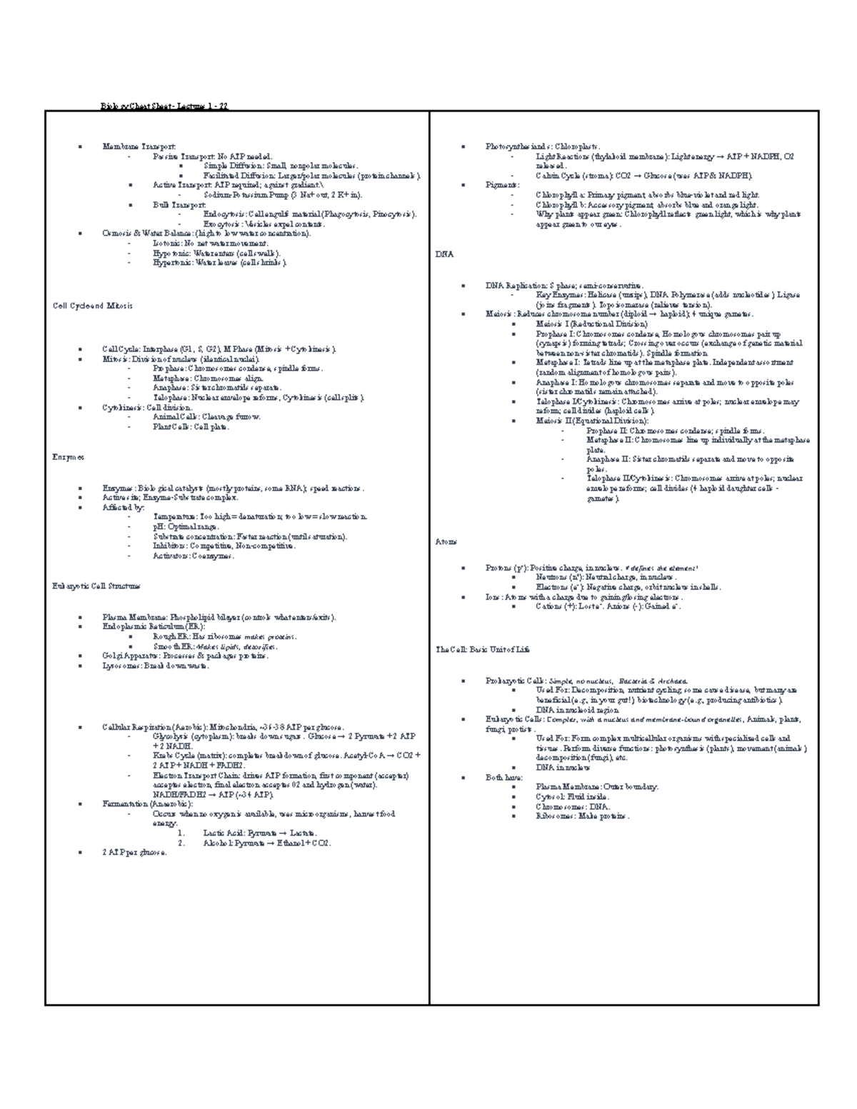 Biology Midterm Cheat Sheet: Membrane Transport, Cell Cycle & Genetics ...