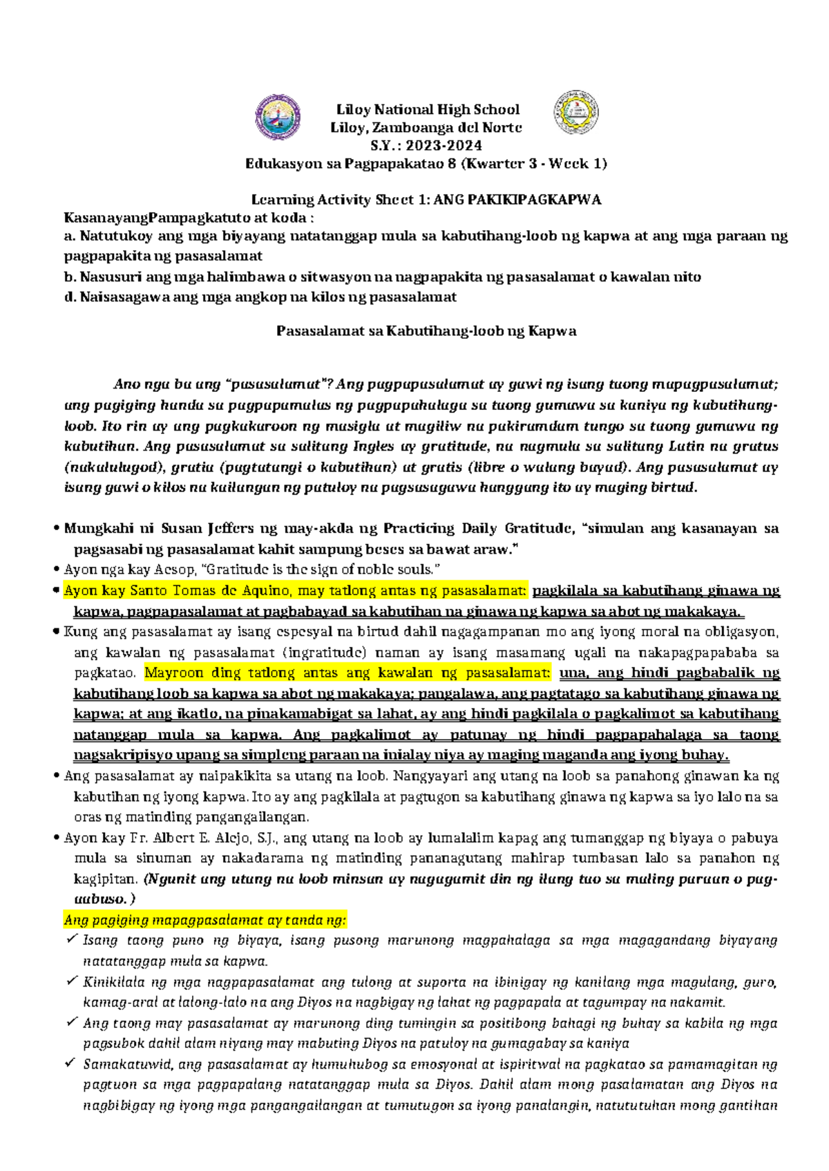 Edukasyon sa Pagpapakatao 8 (S.Y. 2023-2024) Week 1 Learning Activity Sheet: - Studocu