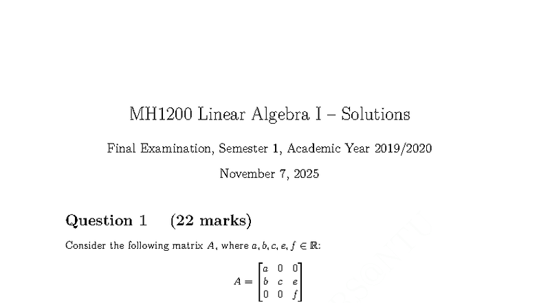 MH1200 Linear Algebra I Final Exam Solutions, Semester 1, 2025 - Studocu