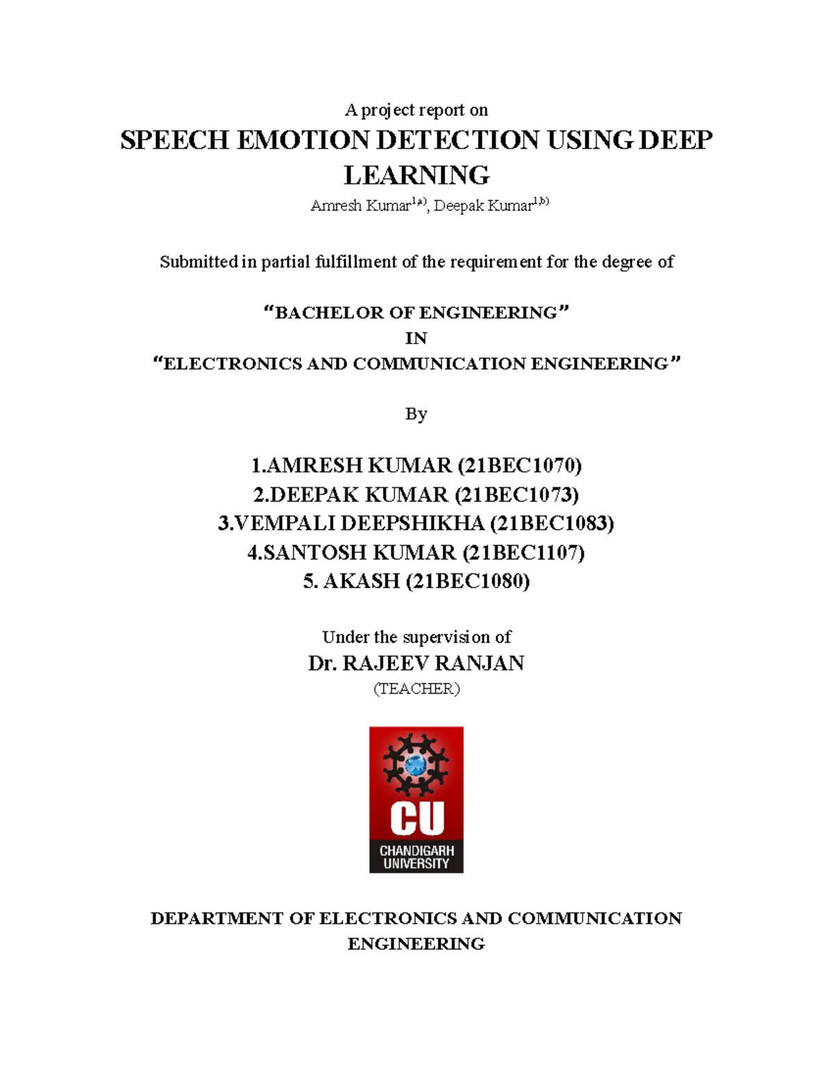 SER final report - A project report on SPEECH EMOTION DETECTION USING DEEP LEARNING Amresh - Studocu