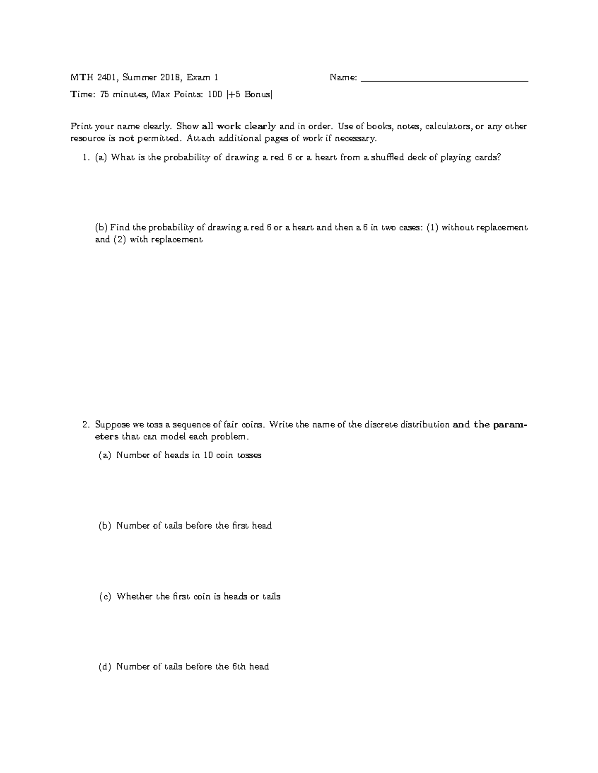 MTH 2401 Summer 2018 Exam 1: Probability & Stats Questions - Studocu