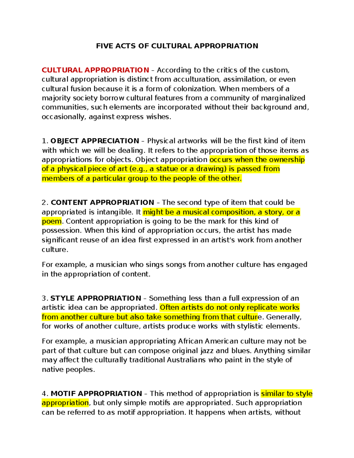 Cultural Appropriation: Understanding 5 Distinct Acts in Art - Studocu