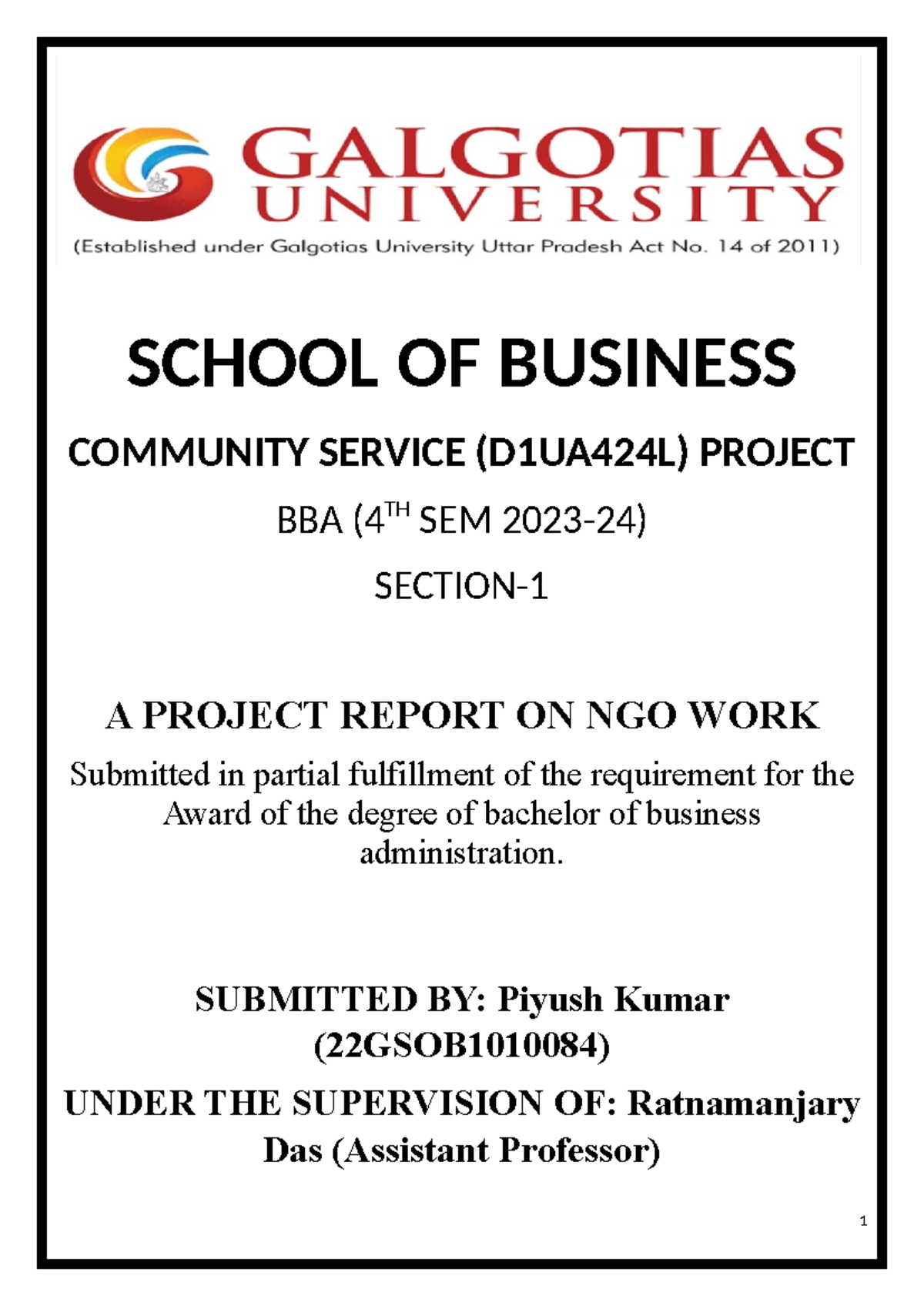 BBA Community Service Project Report on NGO Work (D1UA424L) - Studocu