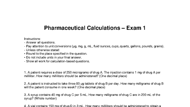 Pharmaceutical Calculations Exam 1 Study Guide - Studocu