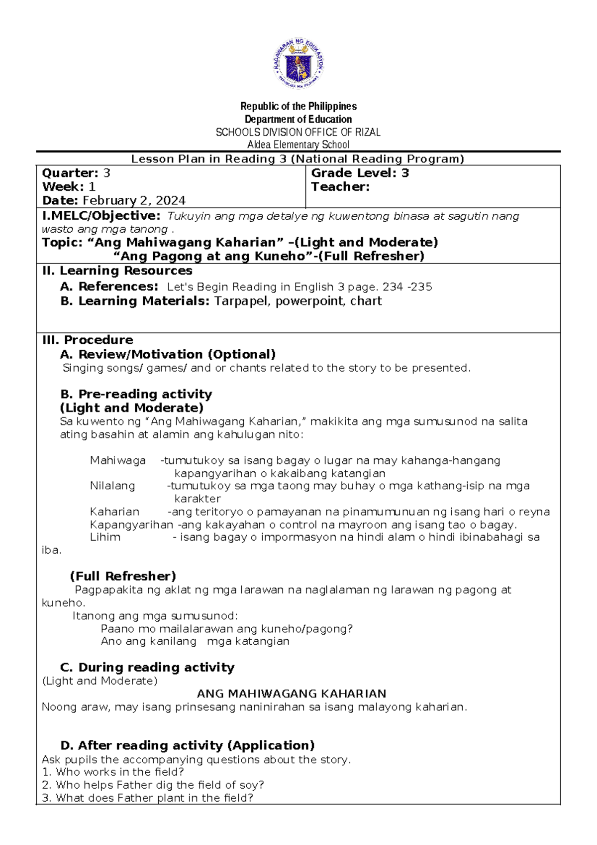 Lesson PLAN IN National Reading Program SY - Republic of the ...
