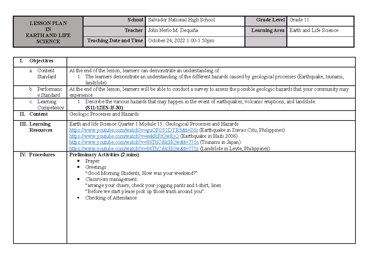 Geological Processes - LESSON PLAN IN EARTH AND LIFE SCIENCE School ...