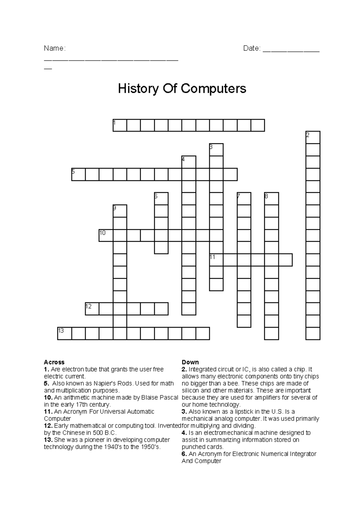 History of Computers Crossword Puzzle - HIST 101 - Studocu