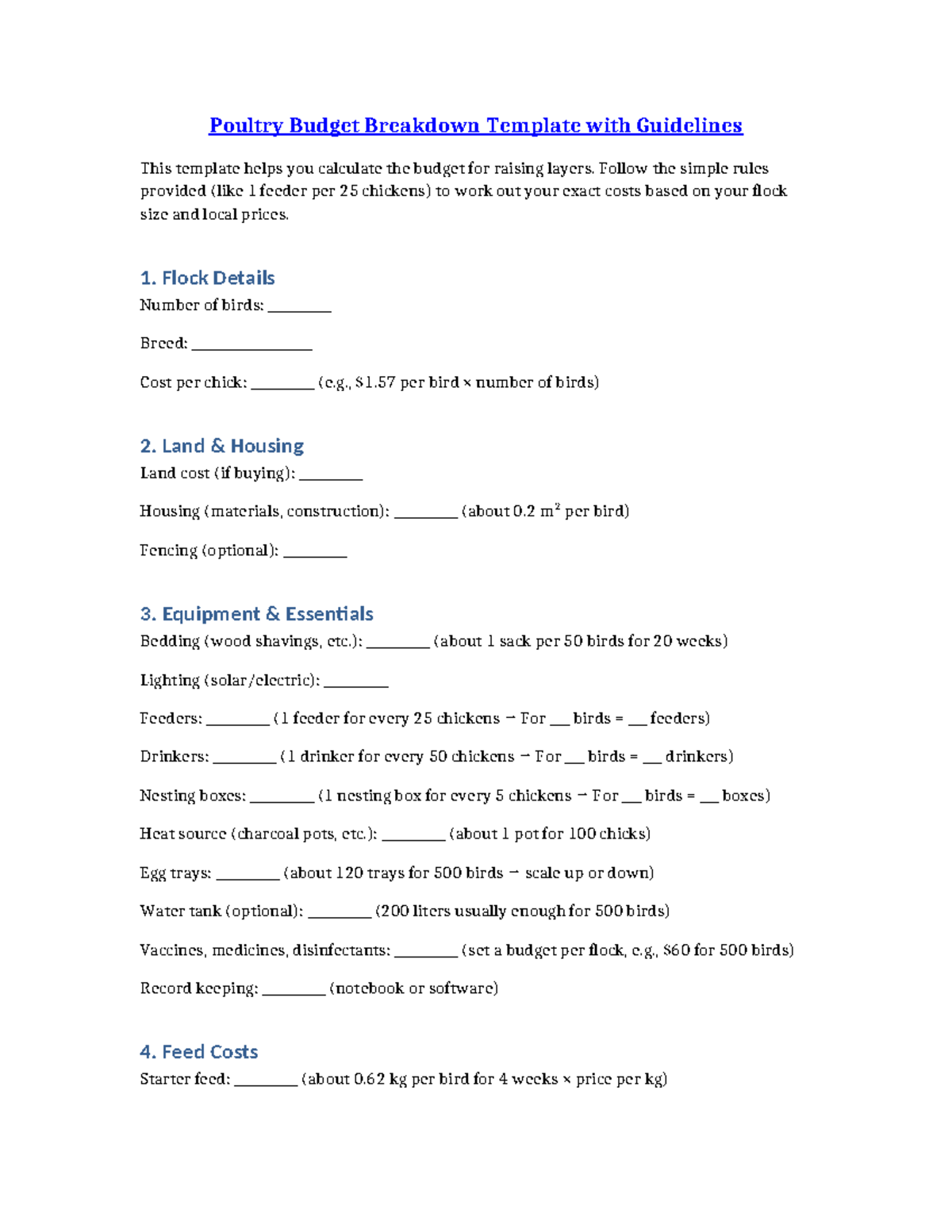 Poultry Budget Breakdown Template: Guidelines for Layer Raising - Studocu